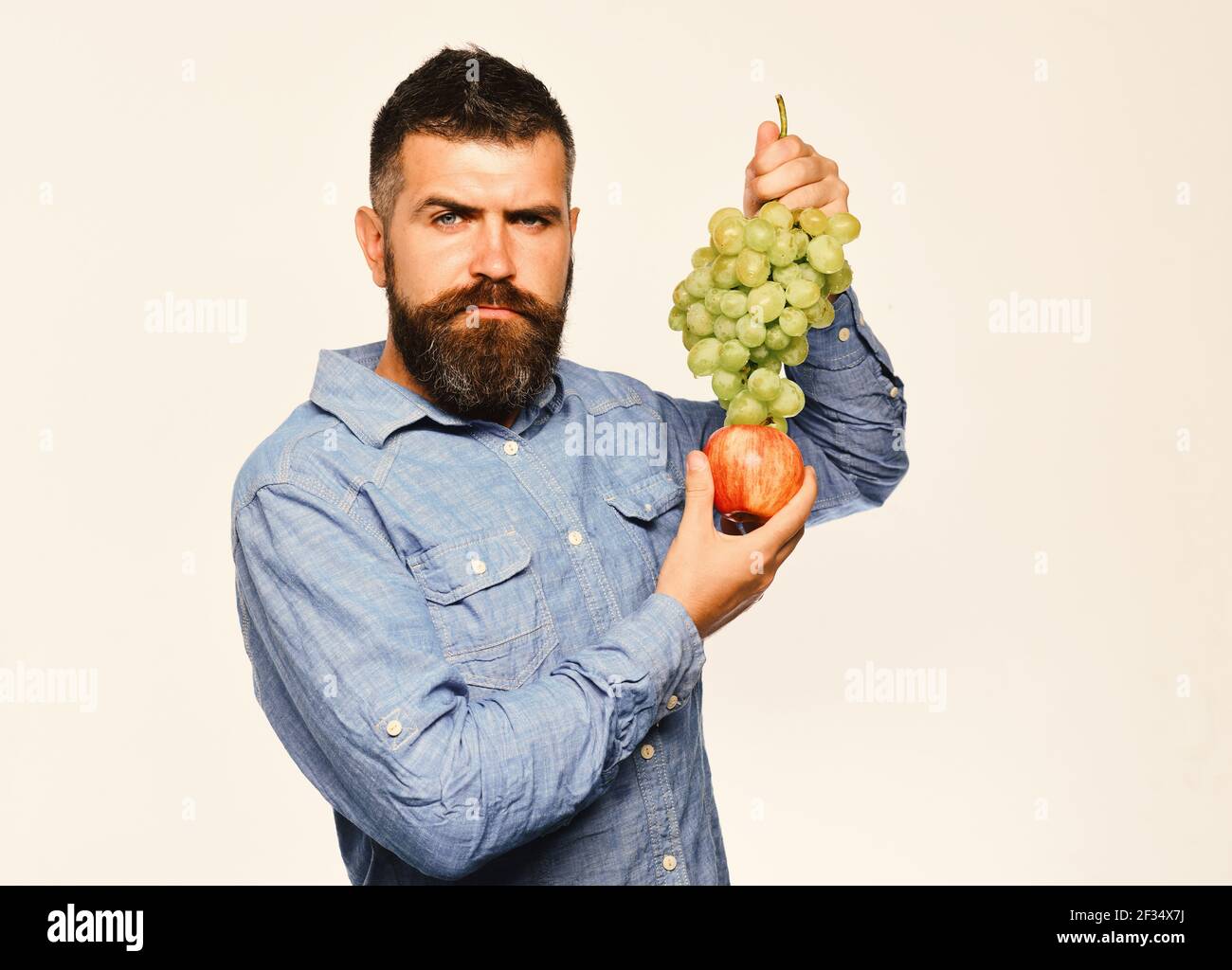 Farmer shows harvest. Man with beard holds bunch of grapes Stock Photo ...