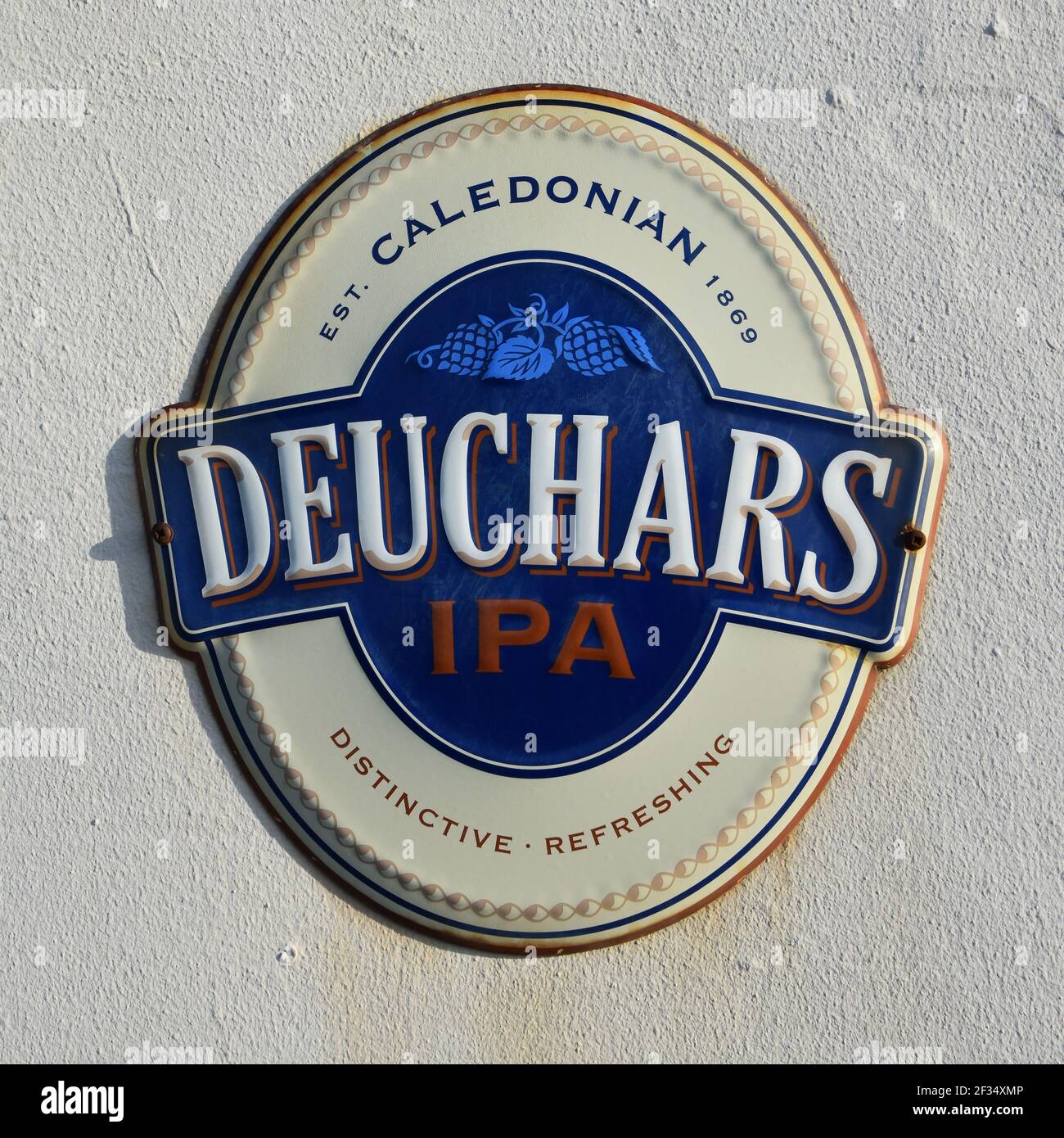 Deuchars IPA sign on white wall outside the Ship Inn in Limekilns, Fife ...