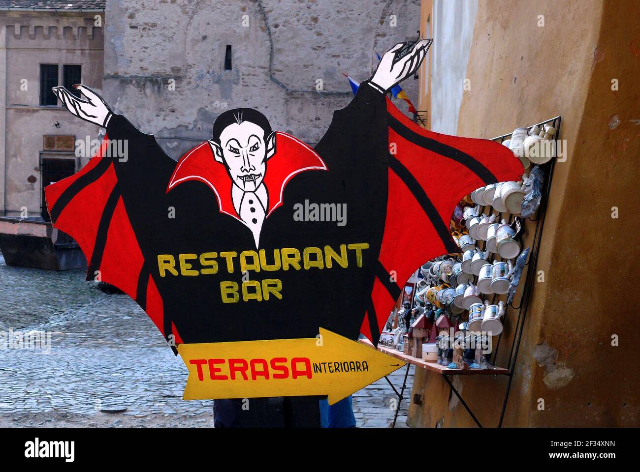 Sighisoara, Romania: Restaurant sign with Dracula image Stock Photo - Alamy