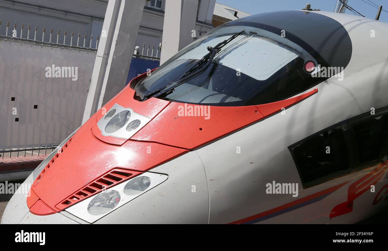 Aeroexpress Train Sapsan at the Leningrad station. Moscow, Russia ...