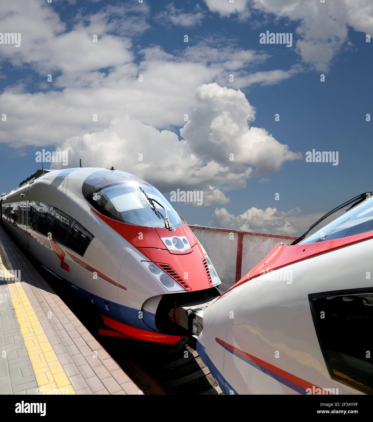 Aeroexpress Train Sapsan against the sky-- high-speed train acquired ...