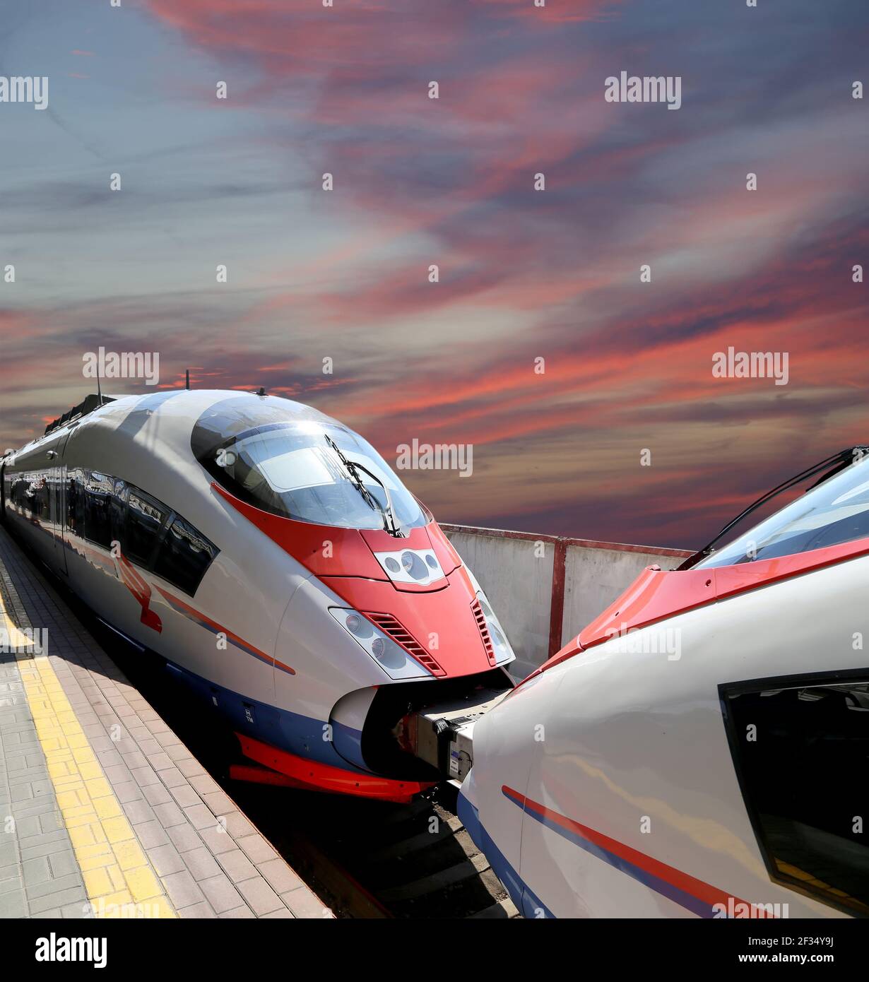 Aeroexpress Train Sapsan against the sky-- high-speed train acquired ...