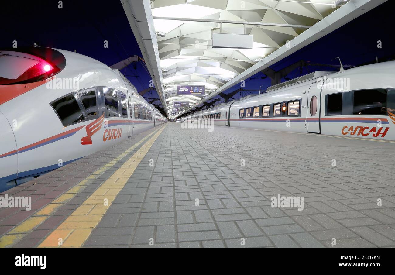 Aeroexpress Train Sapsan at the Leningrad station (night). Moscow ...