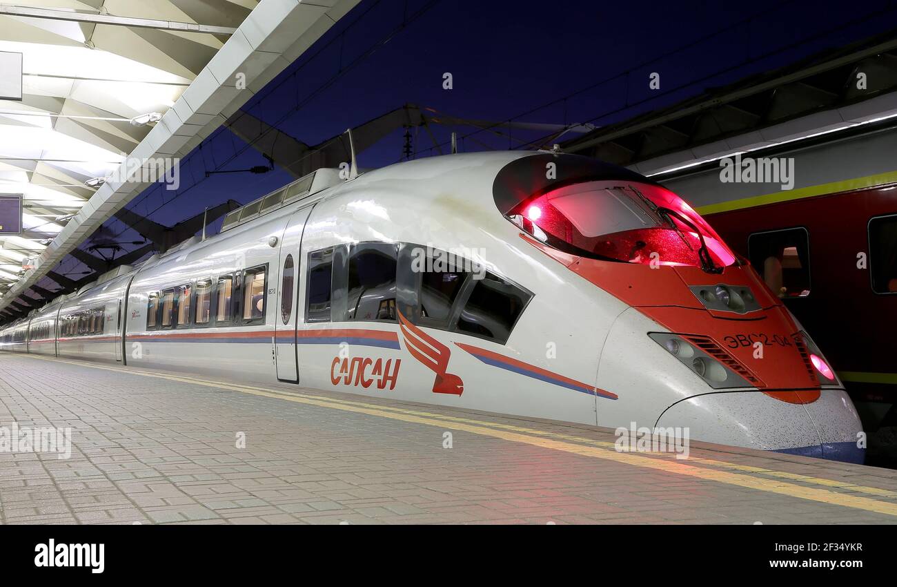 Aeroexpress Train Sapsan at the Leningrad station (night). Moscow ...