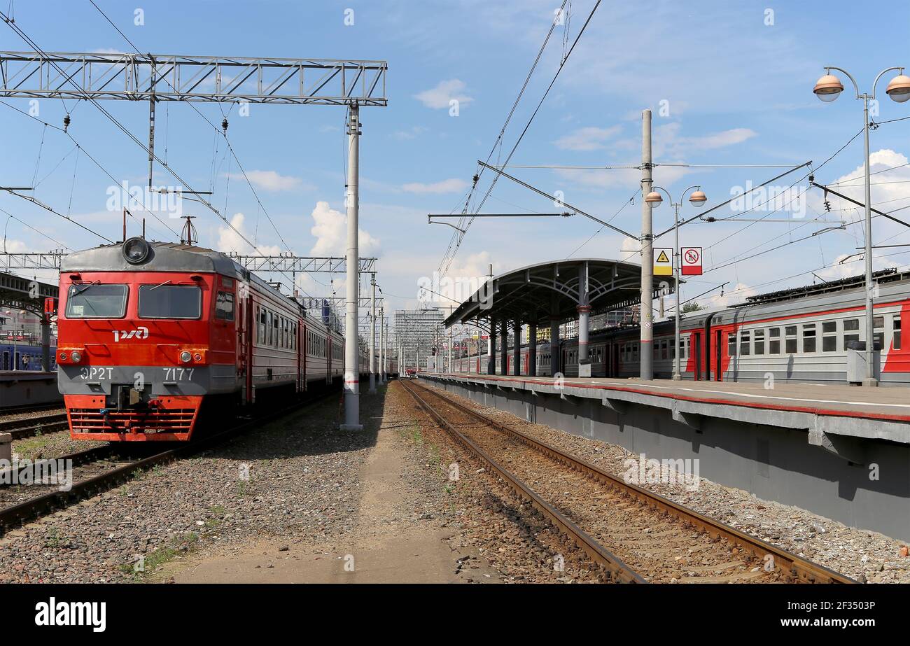 Train on Moscow passenger platform (Savelovsky railway station) is one ...