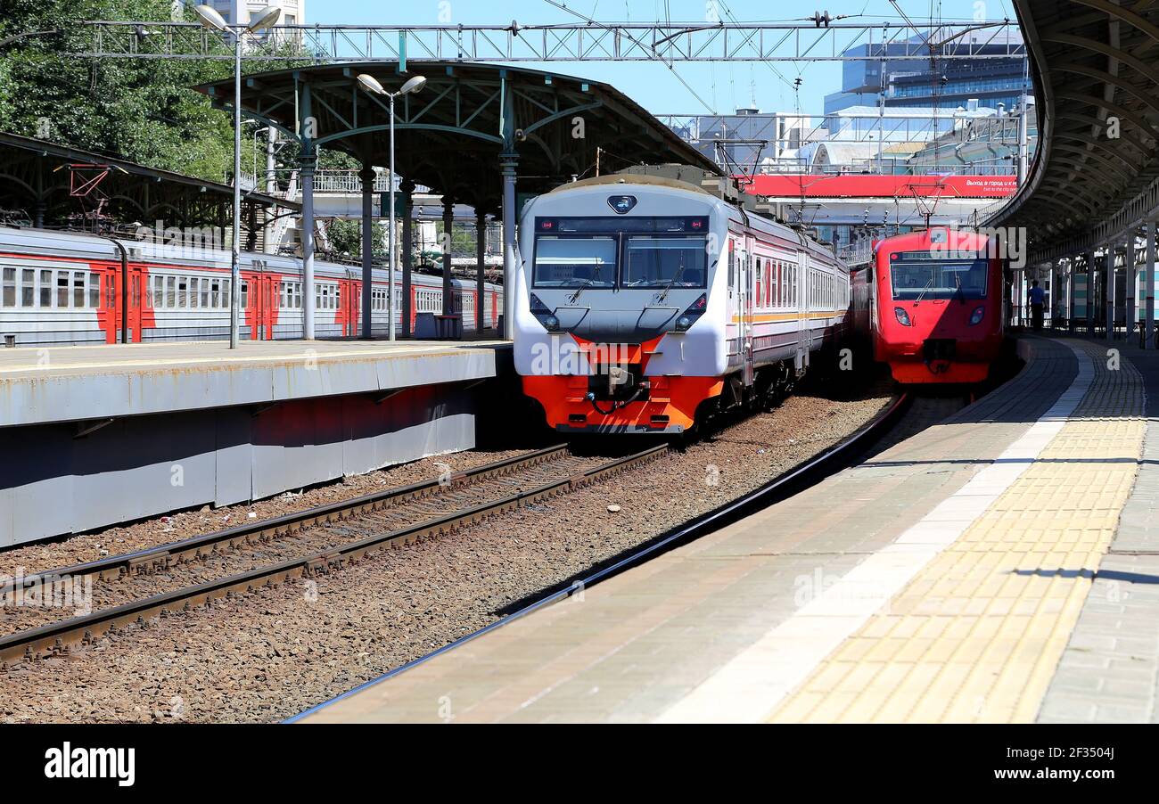 Train on Moscow passenger platform (Belorussky railway station) is one ...