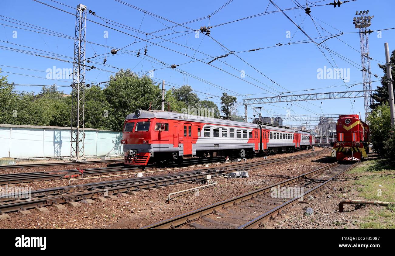 Train on Moscow passenger platform (Belorussky railway station) is one ...