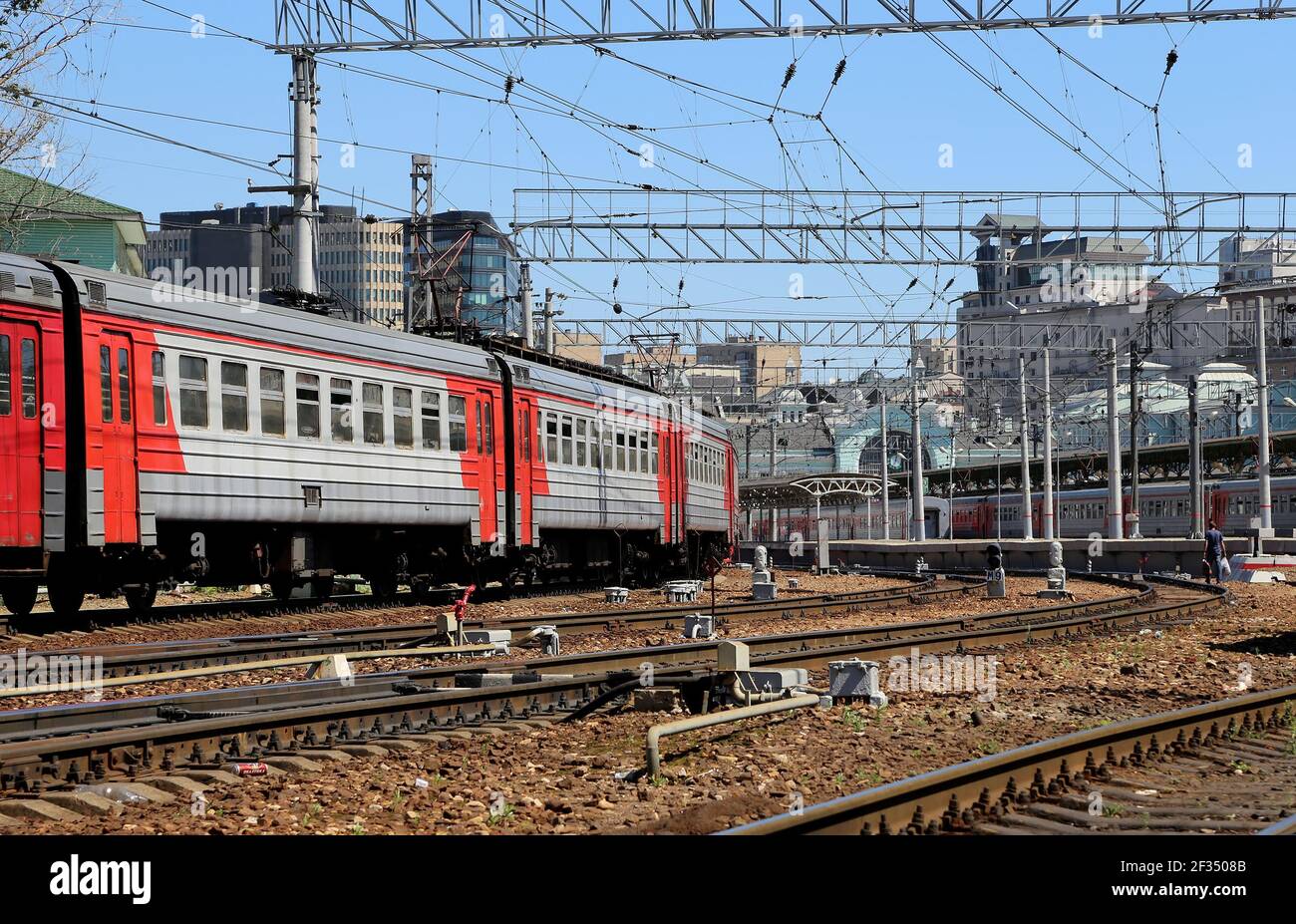 Train on Moscow passenger platform (Belorussky railway station) is one ...