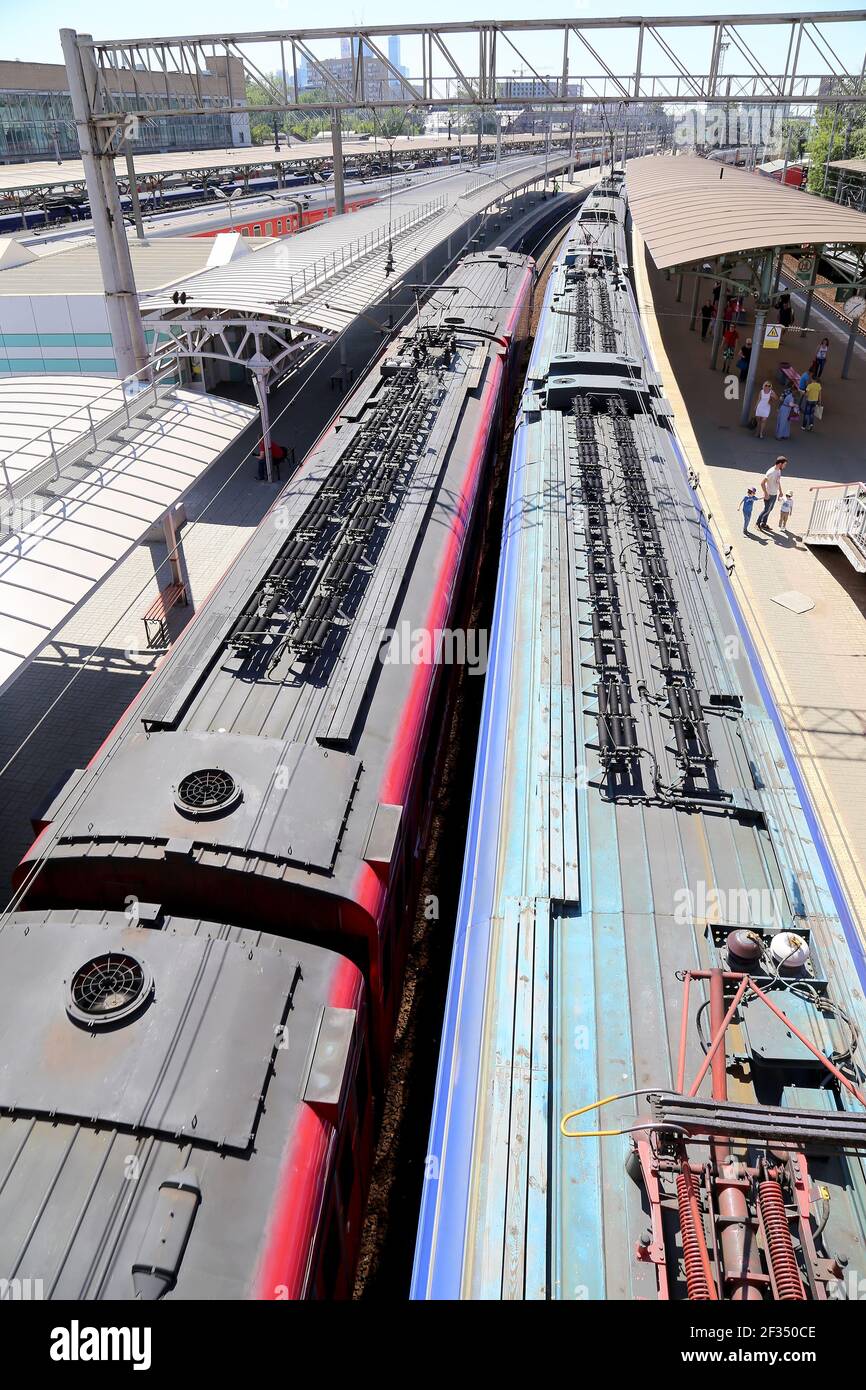Train on Moscow passenger platform (Belorussky railway station) is one ...