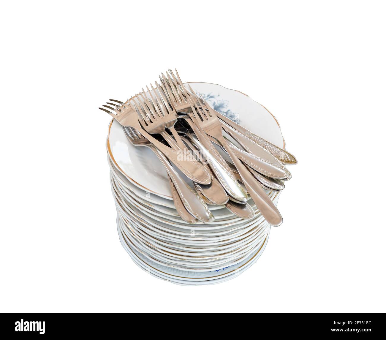 Stack of plates and forks isolated on white background with clipping ...