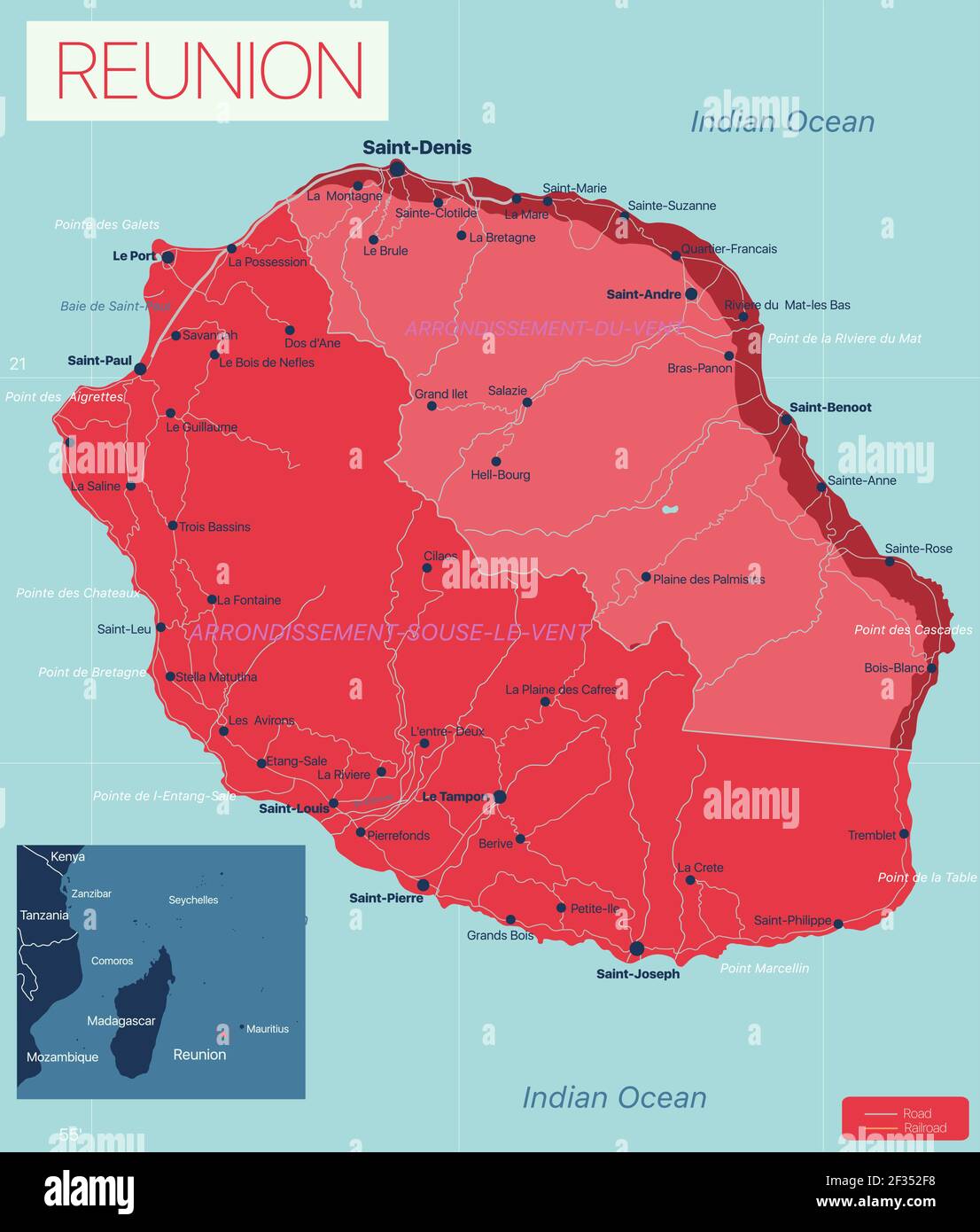 Reunion detailed editable map with regions cities and towns, roads and ...