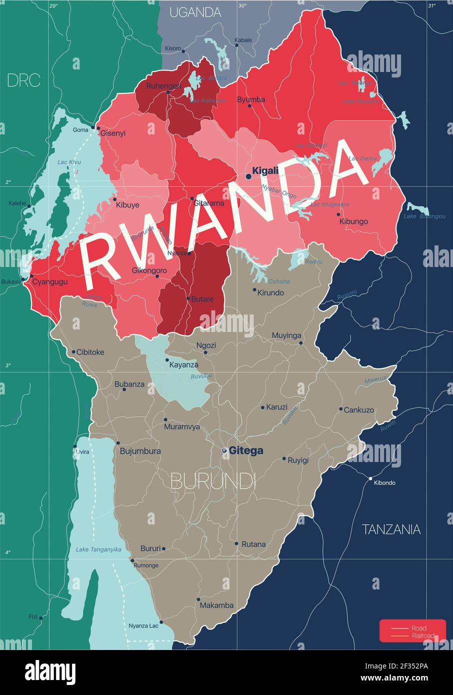 Rwanda country detailed editable map with regions cities and towns ...