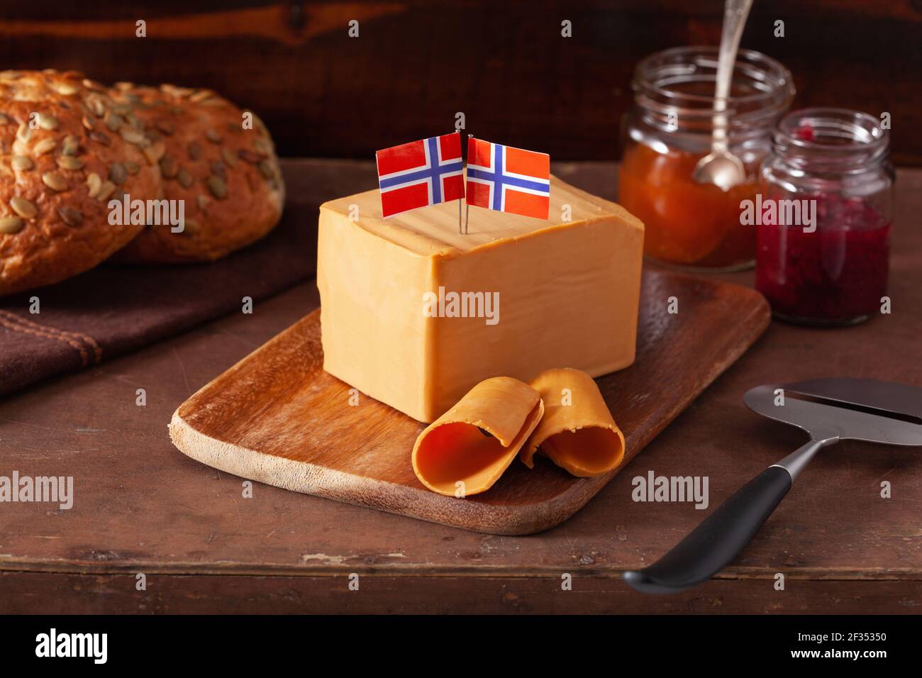 Norwegian brunost traditional brown cheese Stock Photo - Alamy