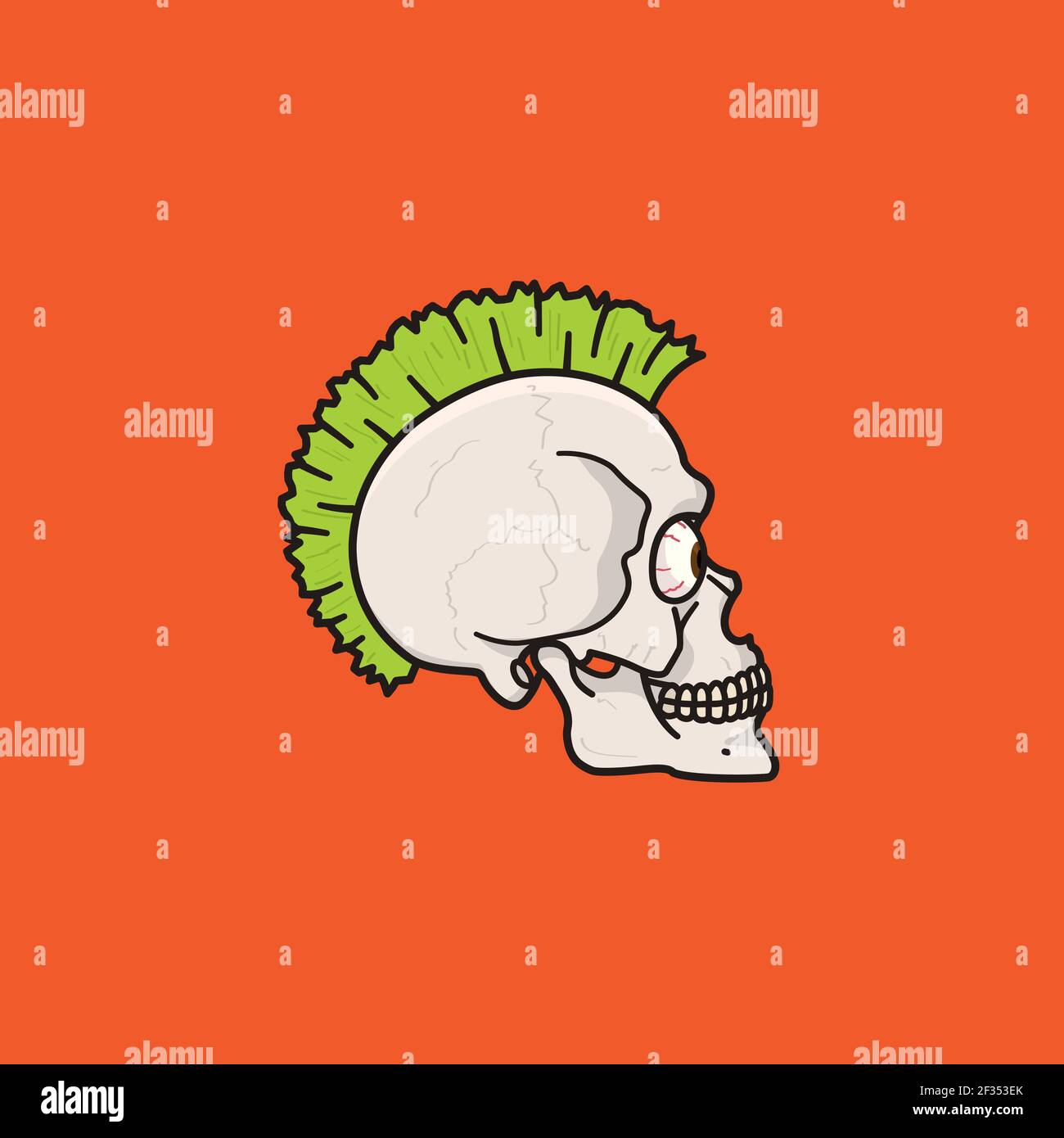 Skull with green mohawk hairstyle cartoon vector illustration for Punk ...