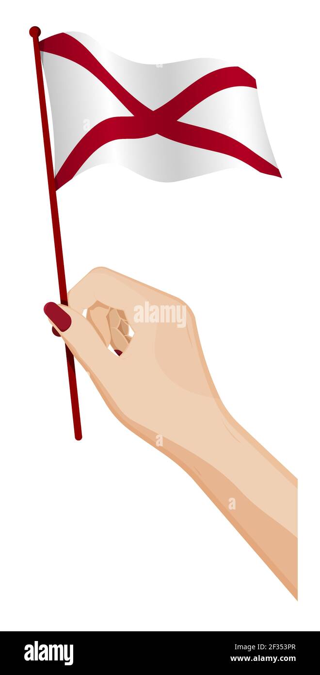 Female hand gently holds small flag of american state of Alabama ...