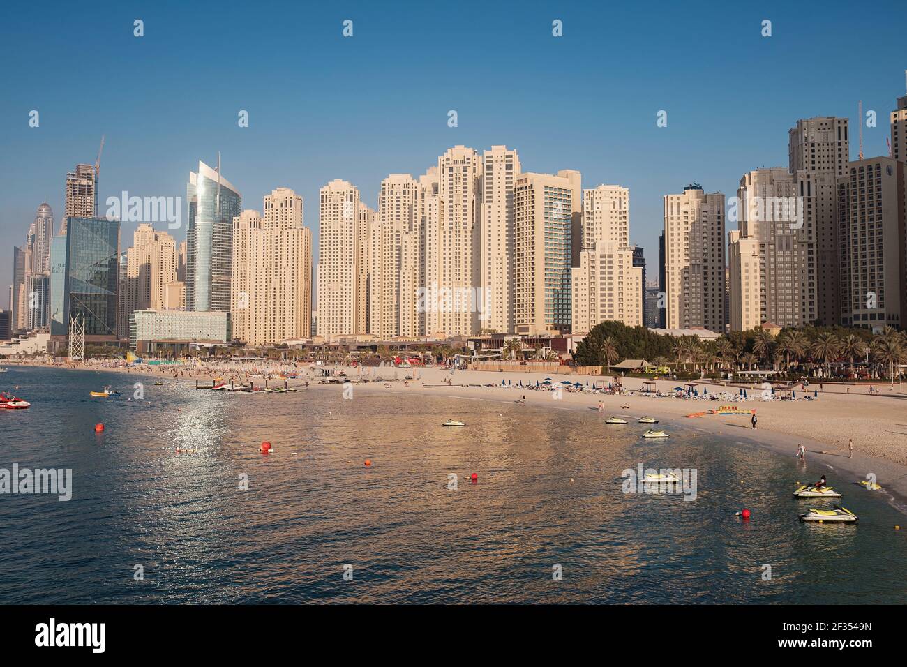 Dubai, UAE - February 15, 2020: Marina JBR Beach Sea water font tall ...