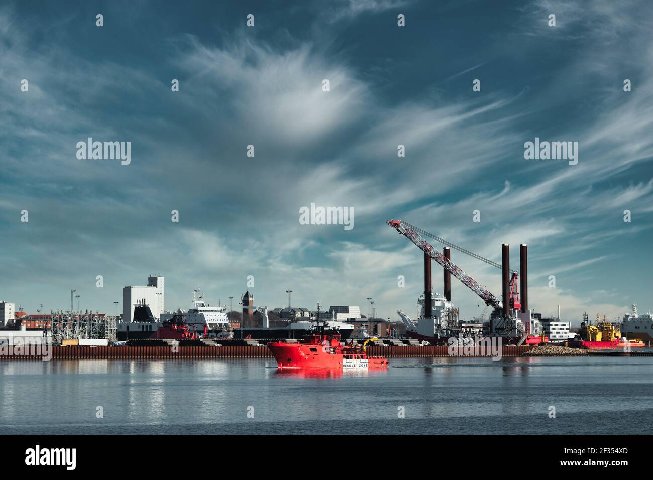 Oil and Wind power rigs in Esbjerg harbor. Denmark Stock Photo - Alamy