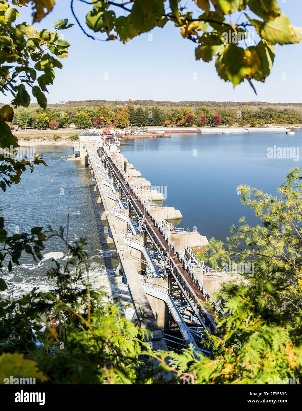 Overhead view of the dam at Starved Rock state park from a hill on the ...