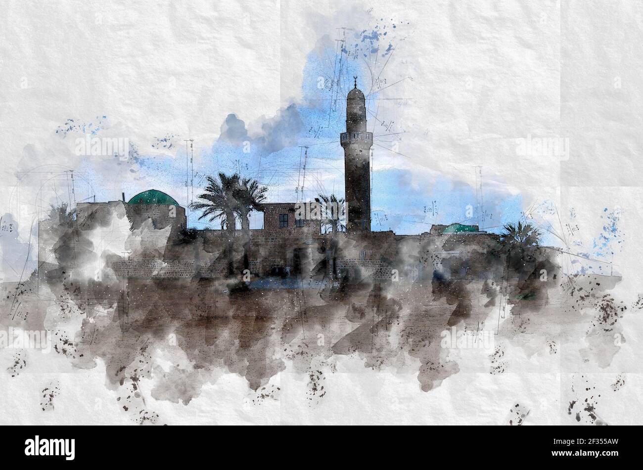 Digitally enhanced image of the Minaret and mosque of the shrine of ...
