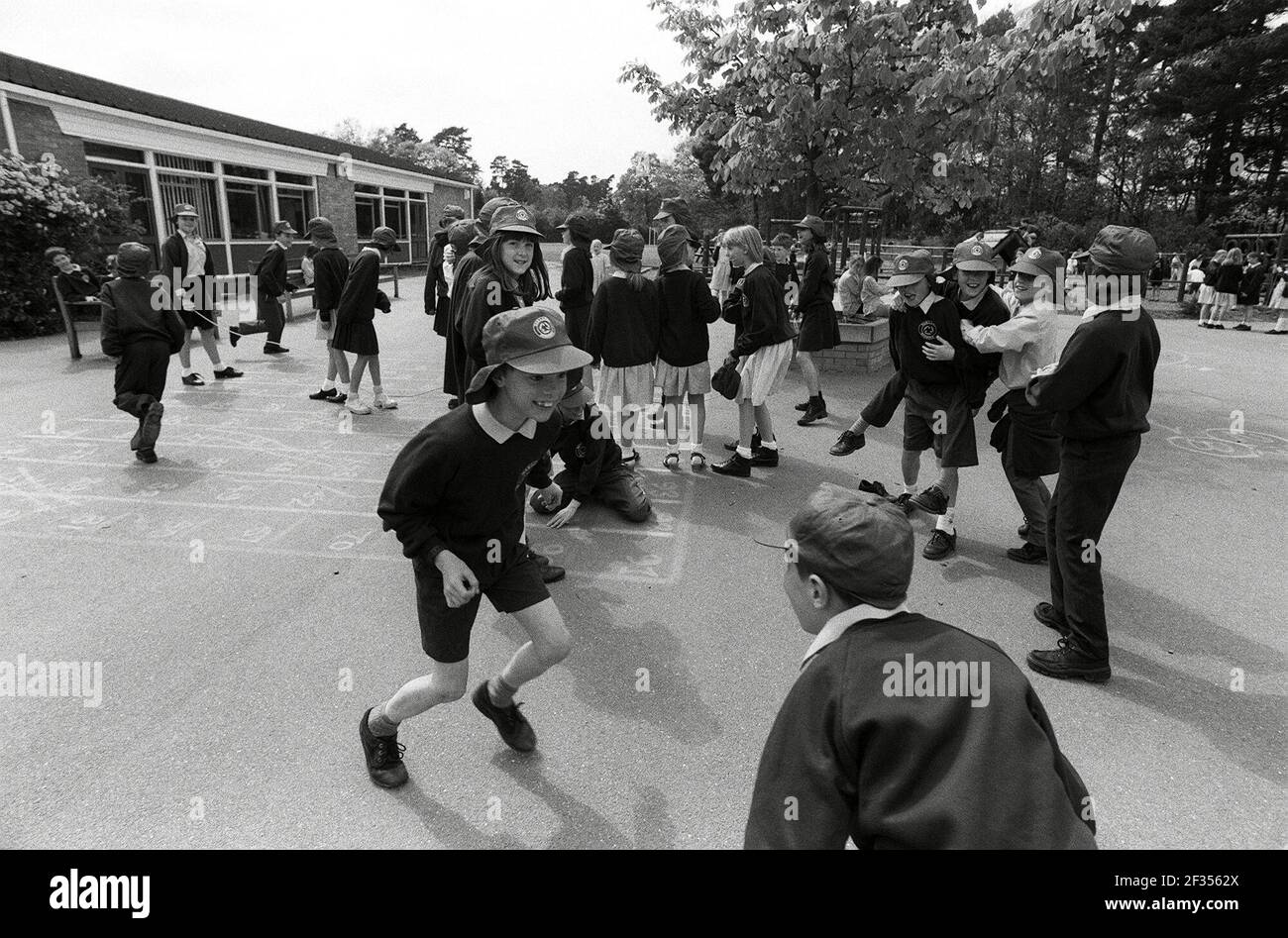 Some young lively schoolgirls and boys go wild in the playground at ...