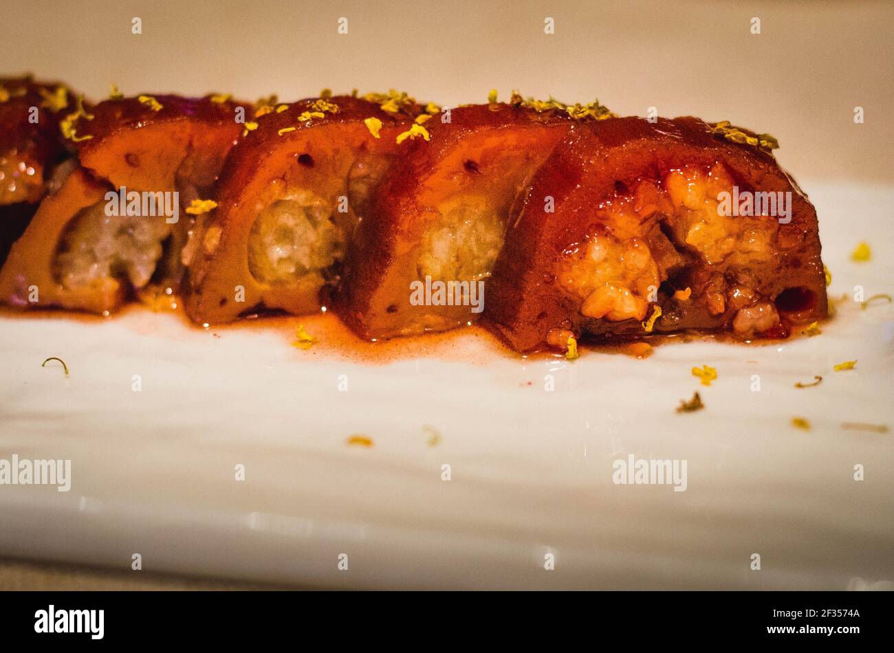 typical Shanghai Hangzhou appetiser or lotus root stuffed with sweet ...