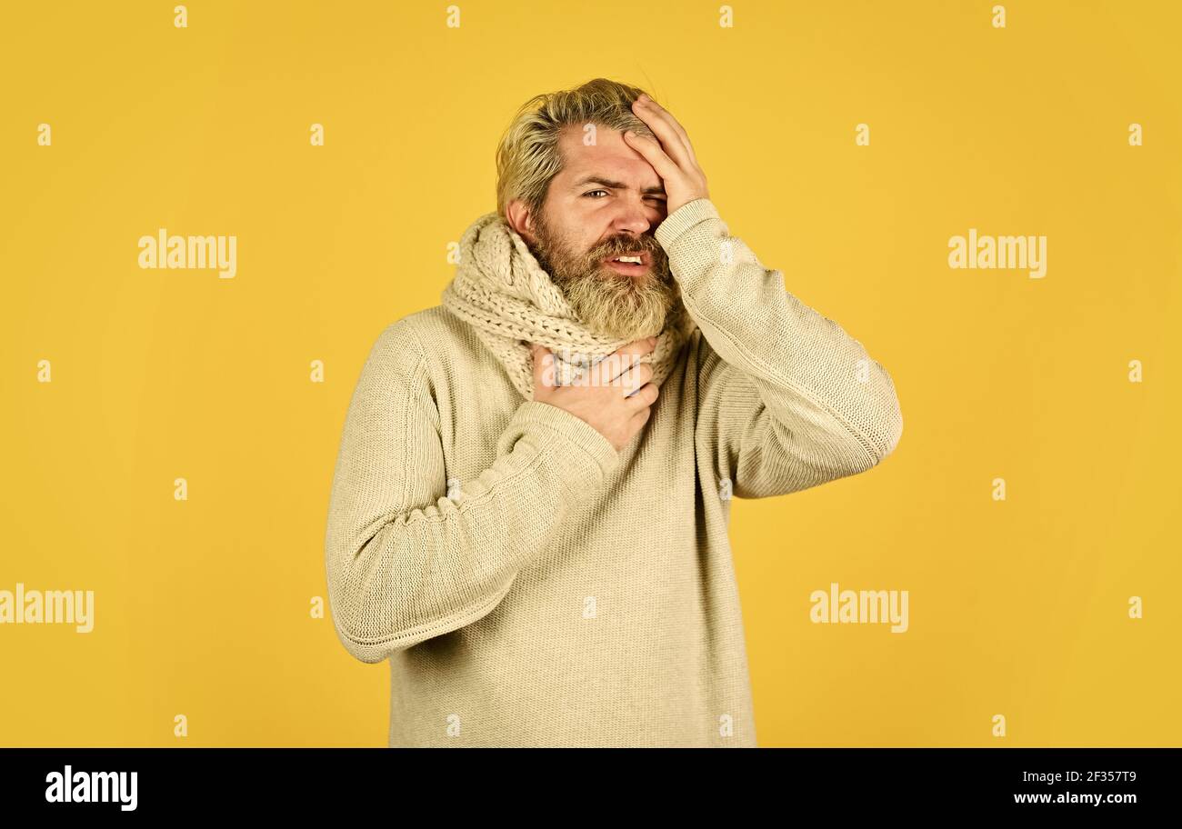 Suffer pain. Immune response. Bearded man sick. Cold flu concept. Body ...