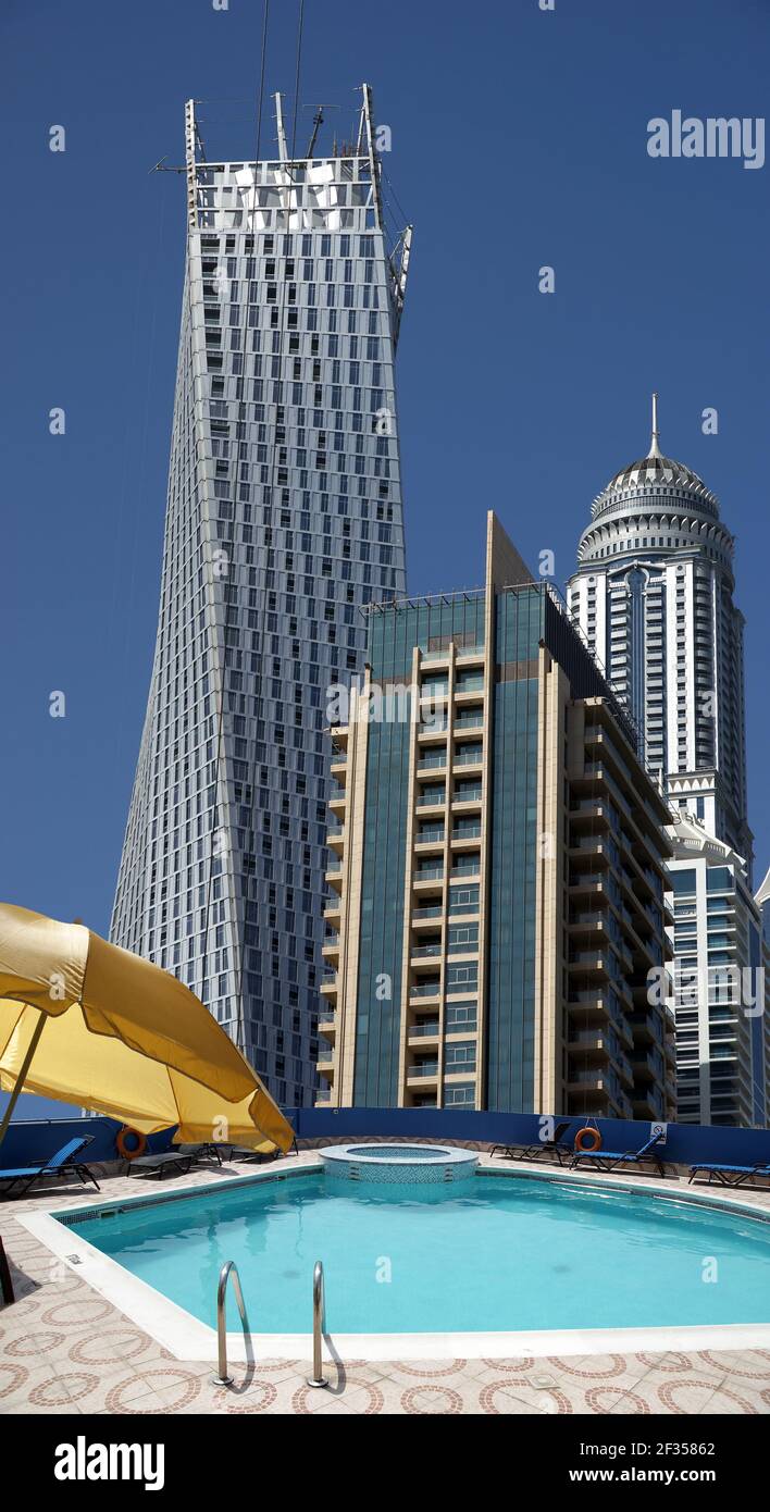 The swimming pool on the hotel roof. Dubai Marina, United Arab Emirates ...