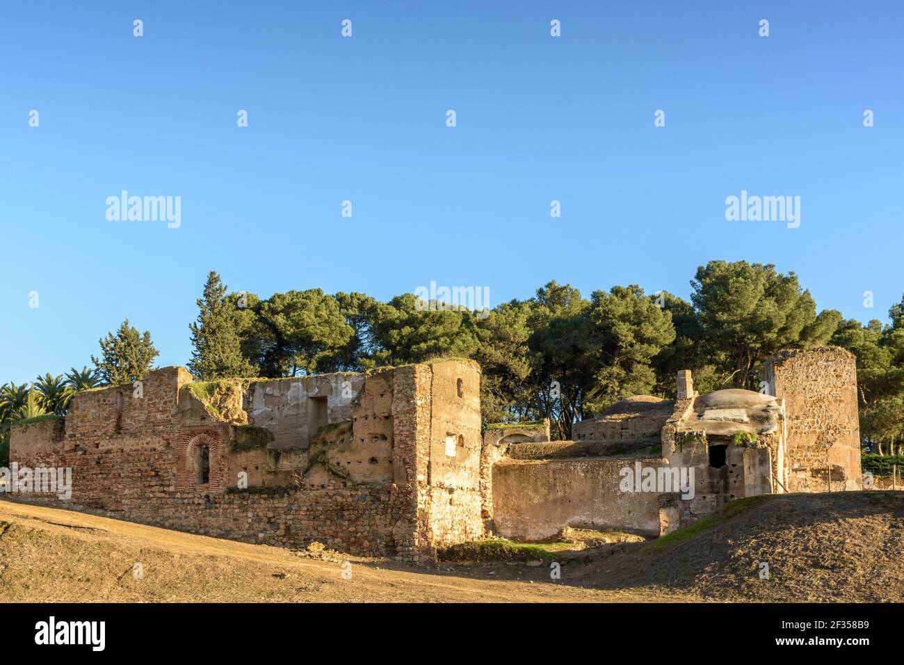 The ruins of the Fortress of Badajoz surrounded by greenery under a ...
