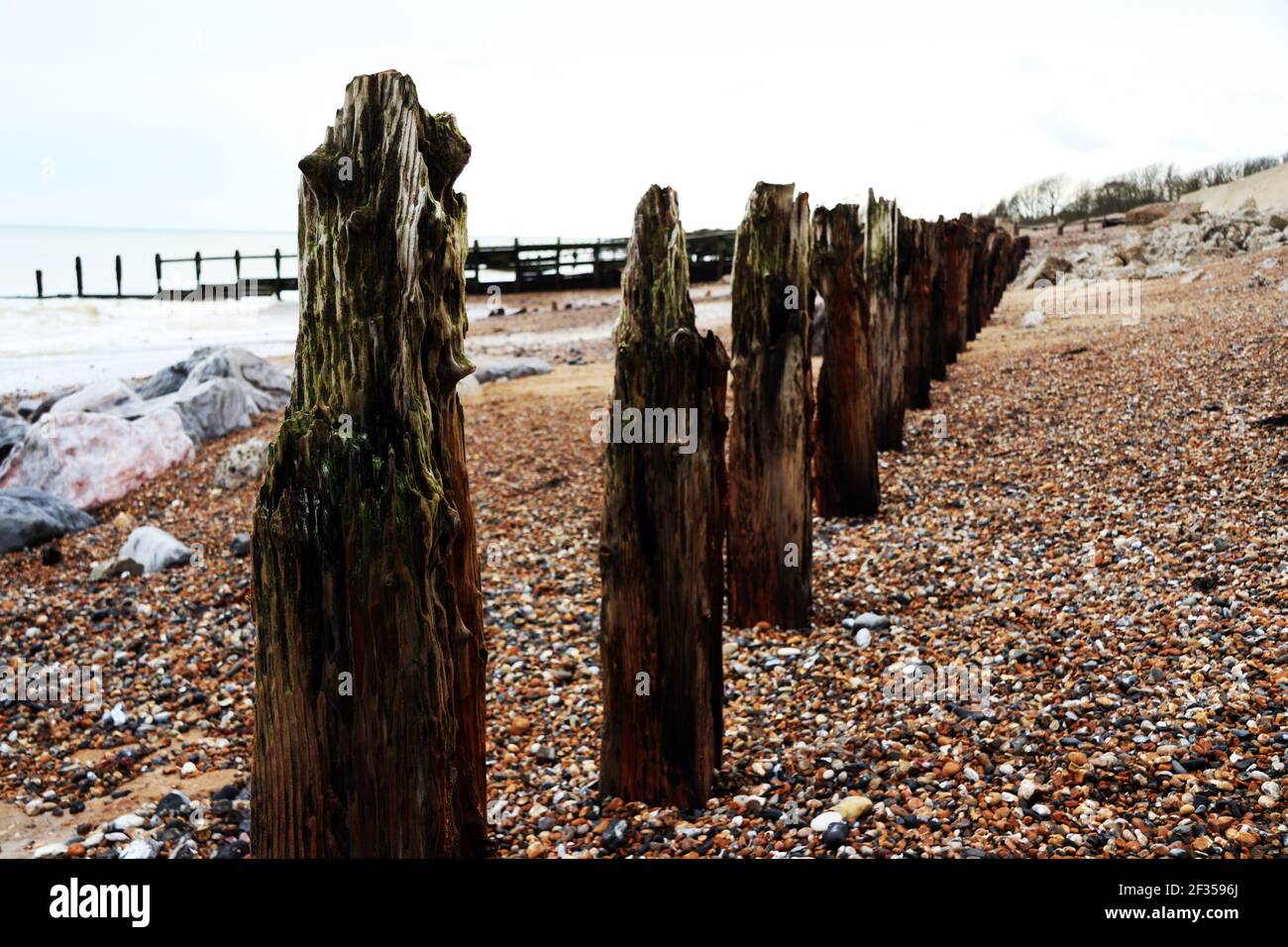 Wooden groynes on a beach showing interesting weathering patterns Stock ...