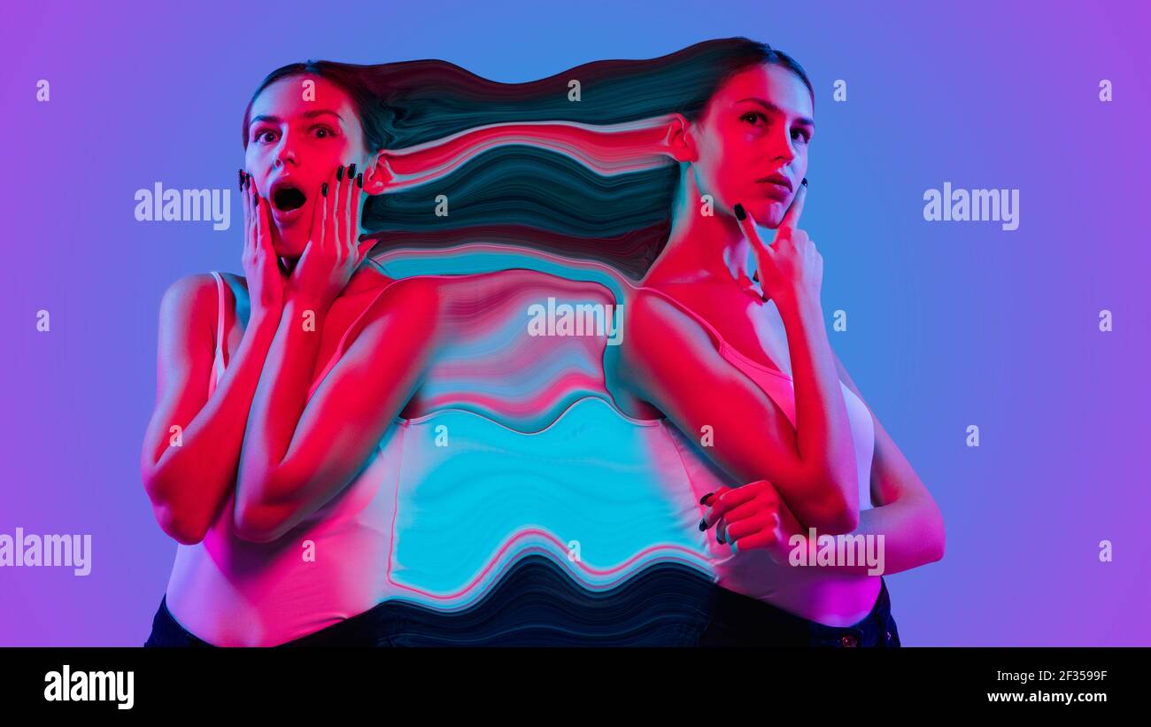Mental health concept in creative way. Woman with different emotions ...