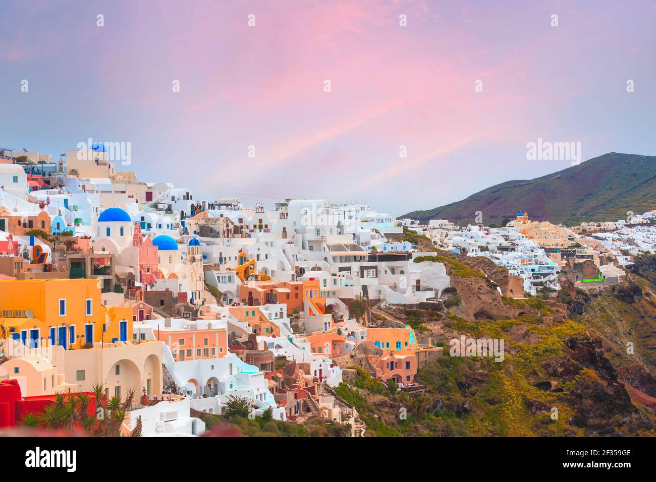 Santorini, Greece panorama of famous Fira village town at sunset Stock ...