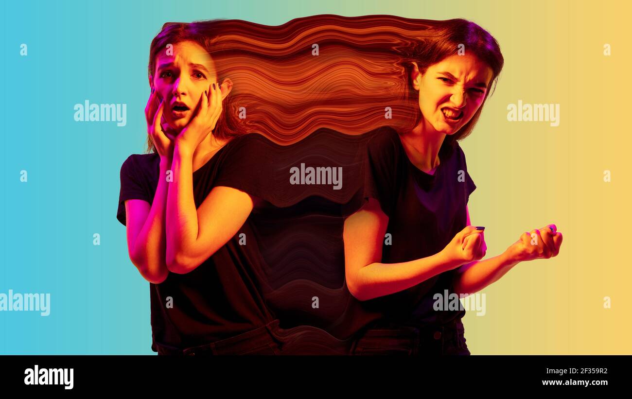 Mental health concept in creative way. Woman with different emotions ...