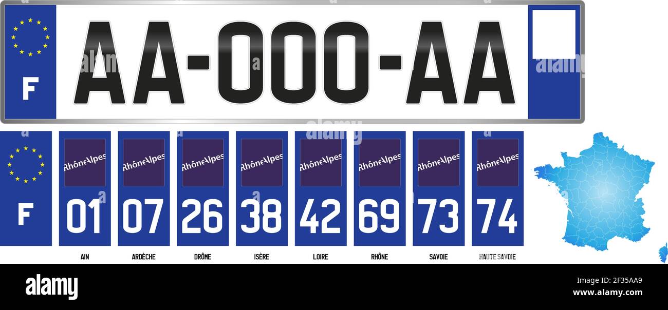 Rhone Alpes, french license plate, detail of the side label of the ...