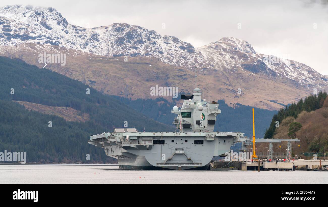 Finnart, Scotland, UK. 15 March 2021. Royal Navy aircraft carrier HMS ...