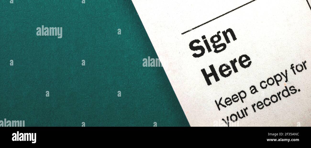 Signature box in official document close up business concept, banner ...