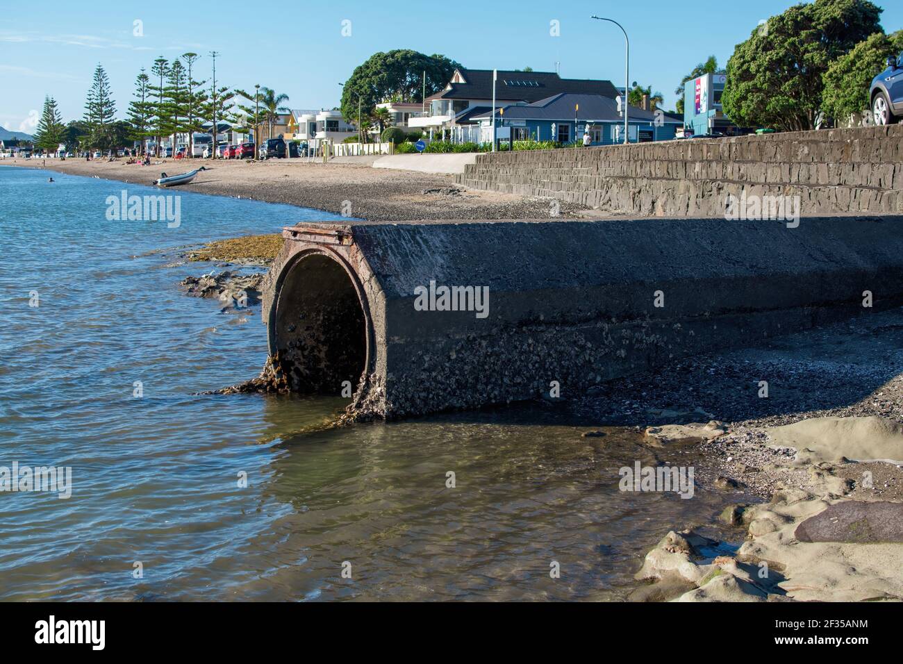 AUCKLAND, NEW ZEALAND - Mar 01, 2021: View of concrete stormwater pipe ...