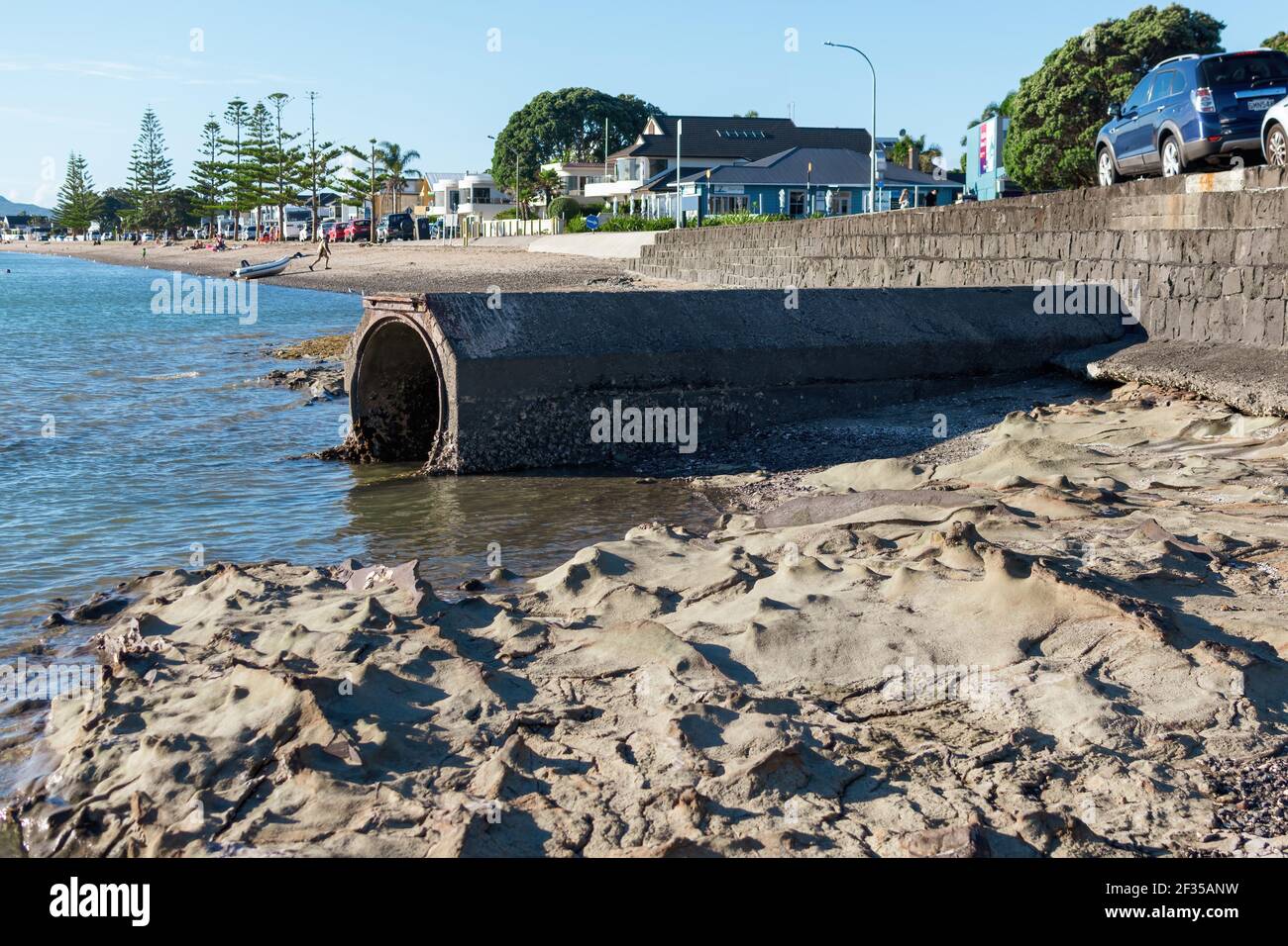 AUCKLAND, NEW ZEALAND - Mar 01, 2021: View of concrete stormwater pipe ...