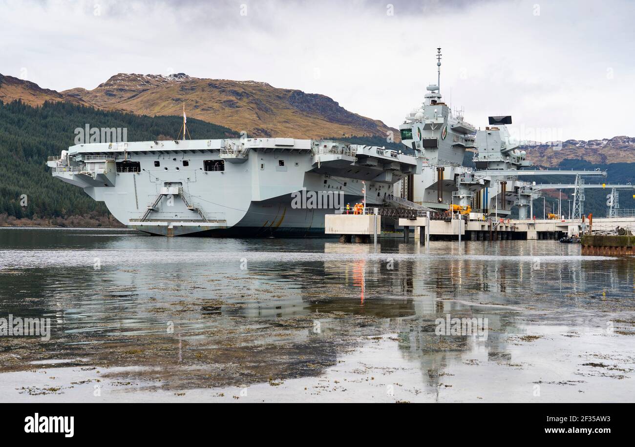 Finnart, Scotland, UK. 15 March 2021. Royal Navy aircraft carrier HMS ...