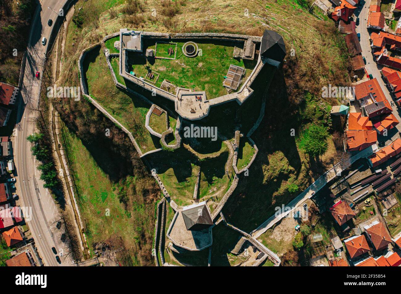 An aerial view of the Tesanj castle in Bosnia and Herzegovina Stock ...