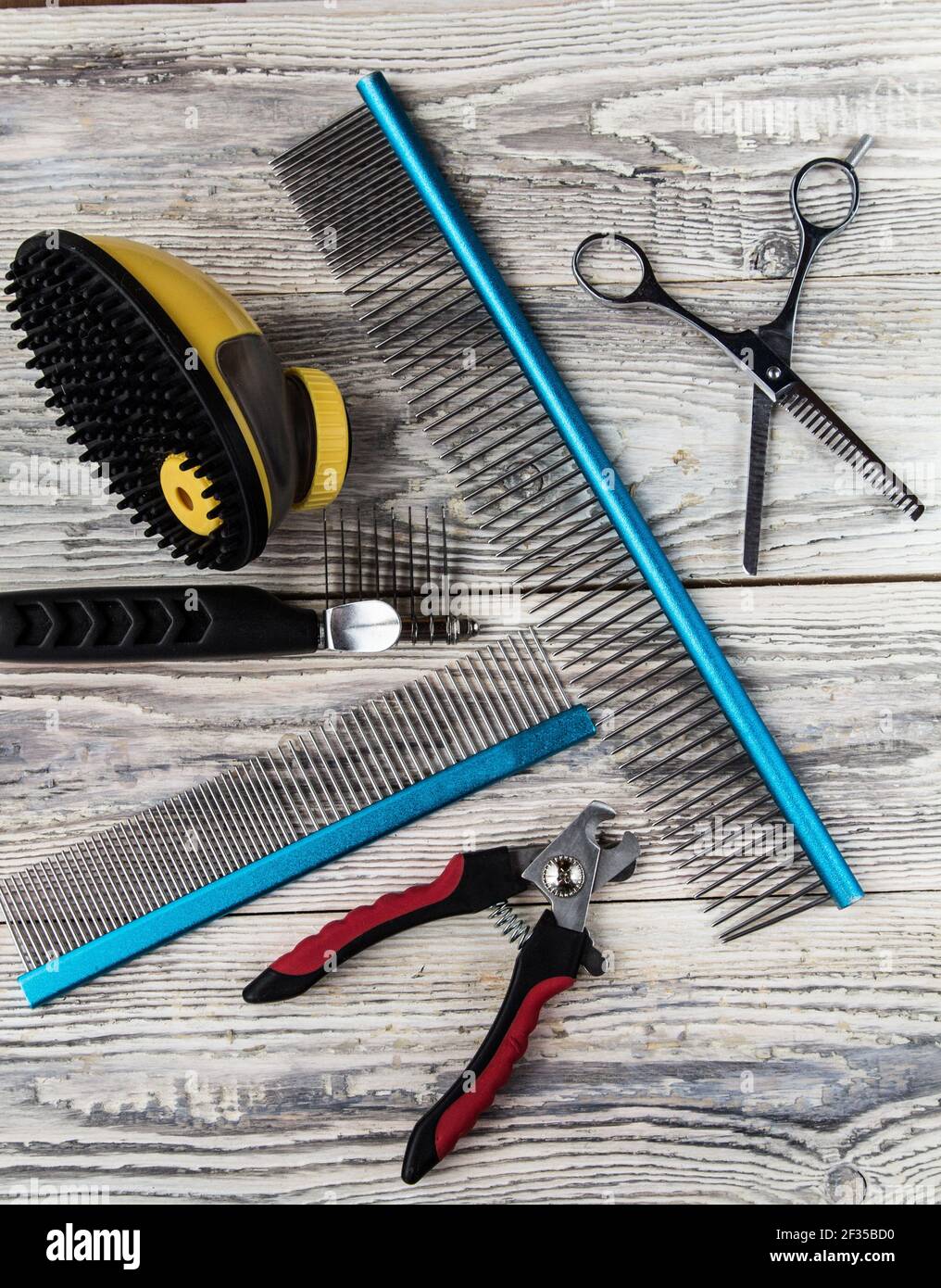 Tools for grooming animals-cats and dogs on a wooden background Stock ...