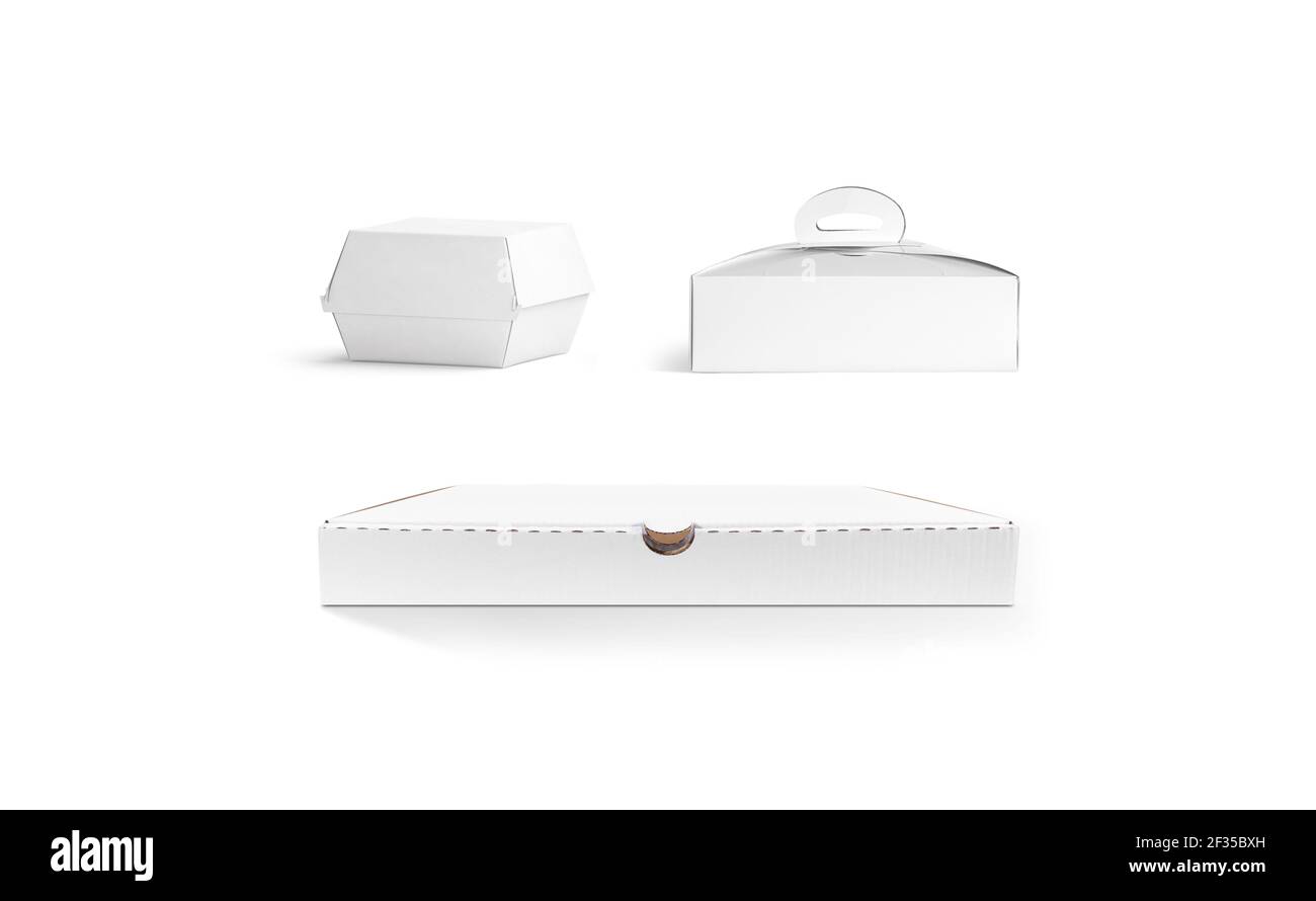 Blank white cardboard pizza, burger and cake packs set mockup, 3d ...