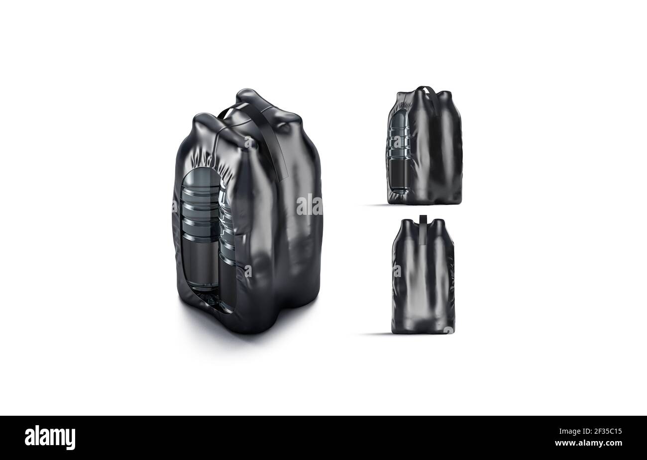 Blank plastic bottle in black shrink wrap mockup, different views, 3d ...