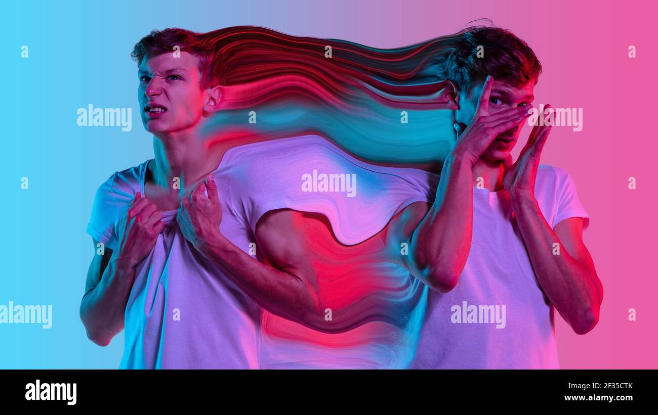 Mental health concept in creative way. Man with different emotions ...