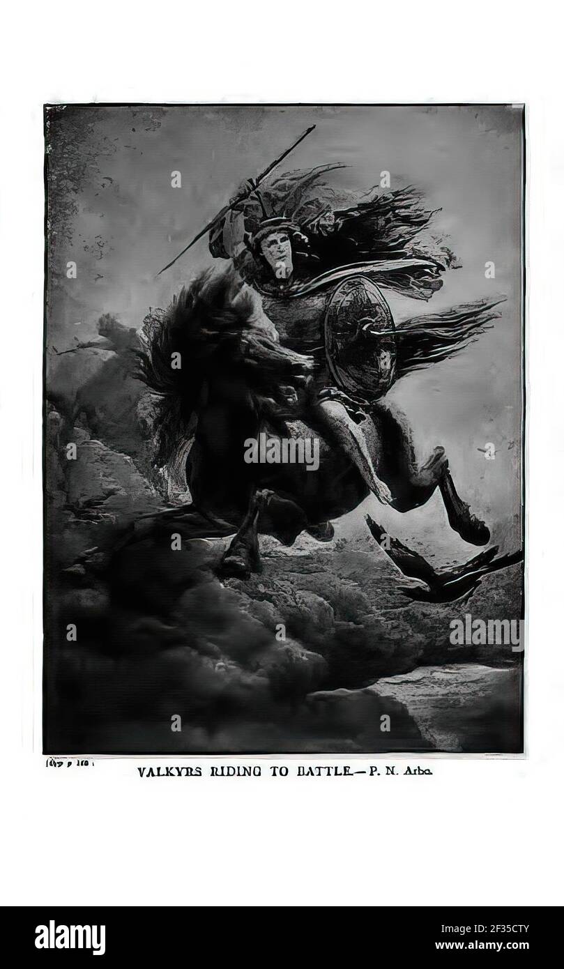 An illustration of the valkyries riding to battle in an old book Stock ...