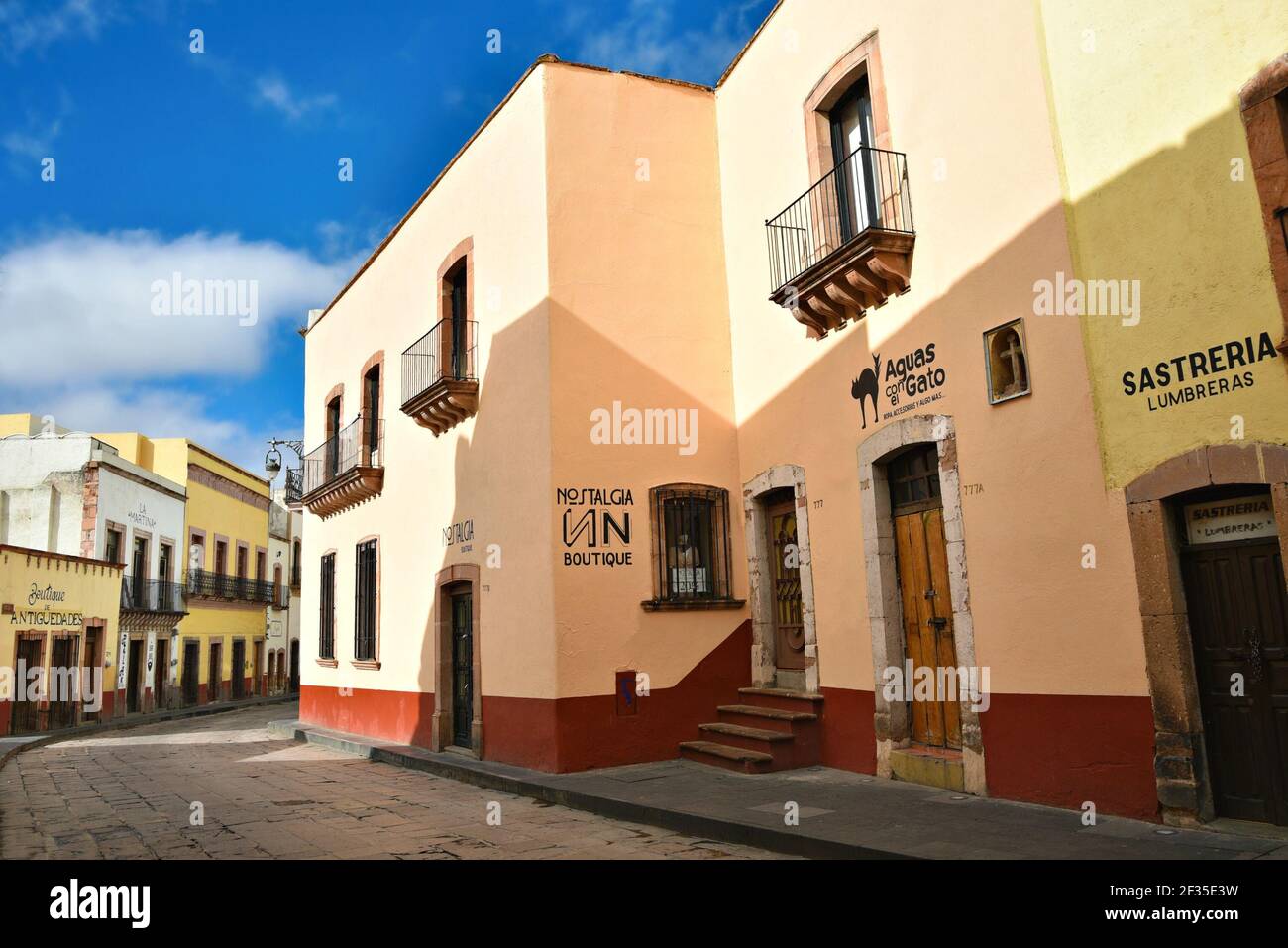 Scenic view of Colonial commercial buildings on Avenida Hidalgo in ...