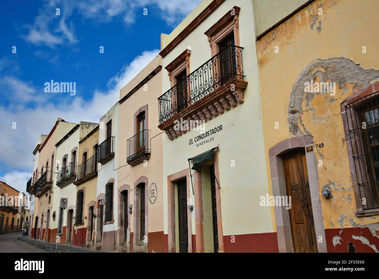 Scenic view of Colonial style commercial buildings on Avenida Hidalgo ...