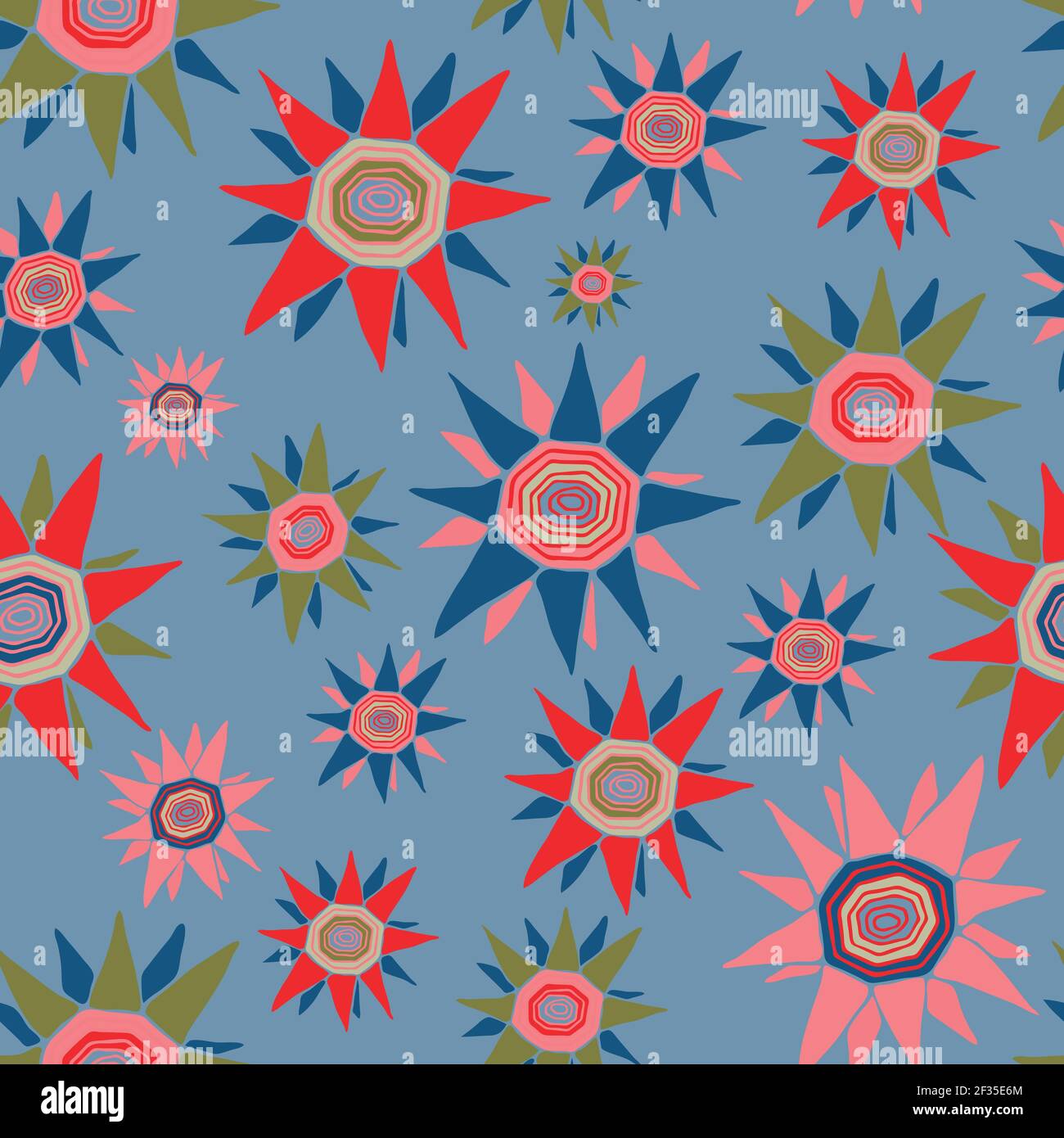Seamless vector pattern with hippy style flowers on blue background ...