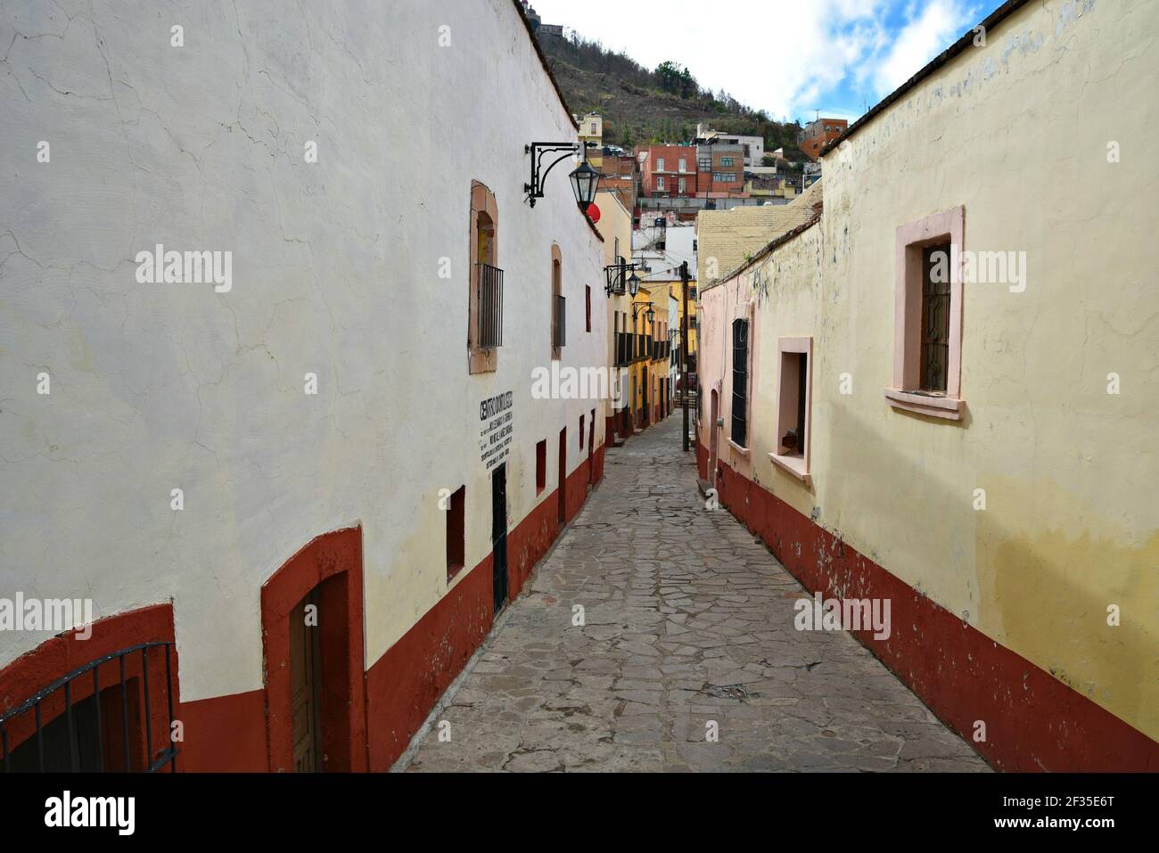Scenic view of Colonial style commercial buildings on Avenida Hidalgo ...