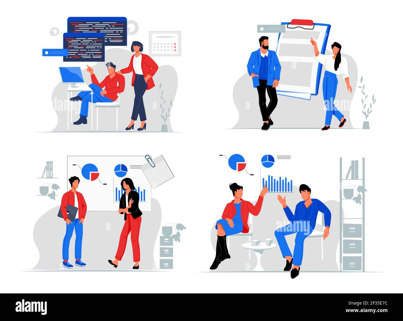 Set of business people characters in various work scenes and workflow ...