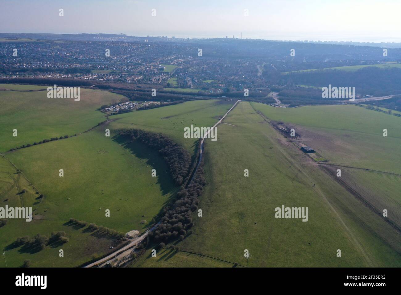 Aerial view of fields around the East Sussex village of patcham Stock ...